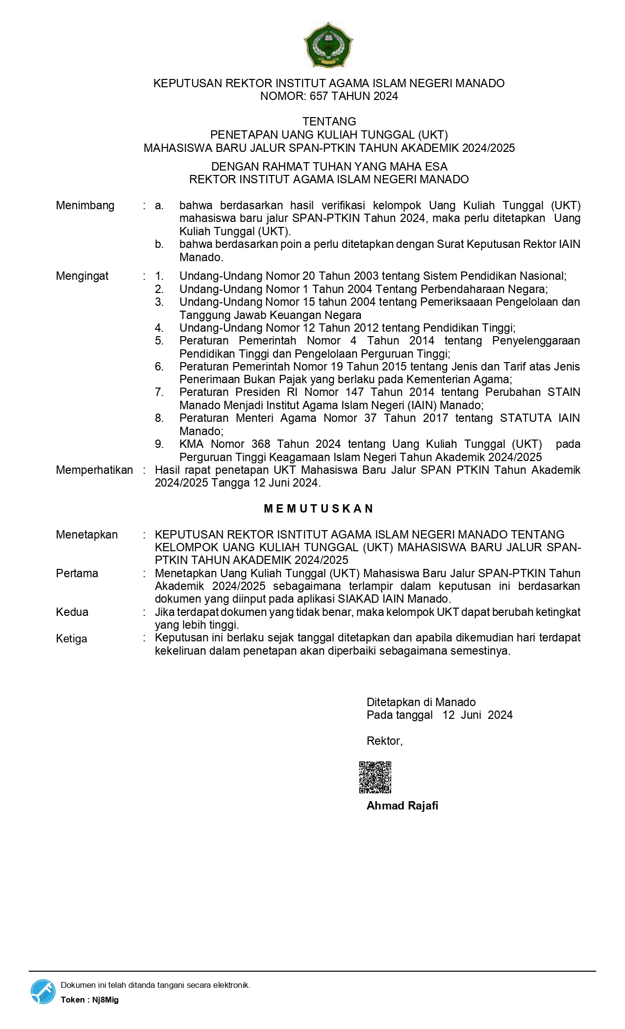 Penetapan UKT Maba Jalur SPAN-PTKIN Tahun Akademik 2024/2025 - IAIN Manado